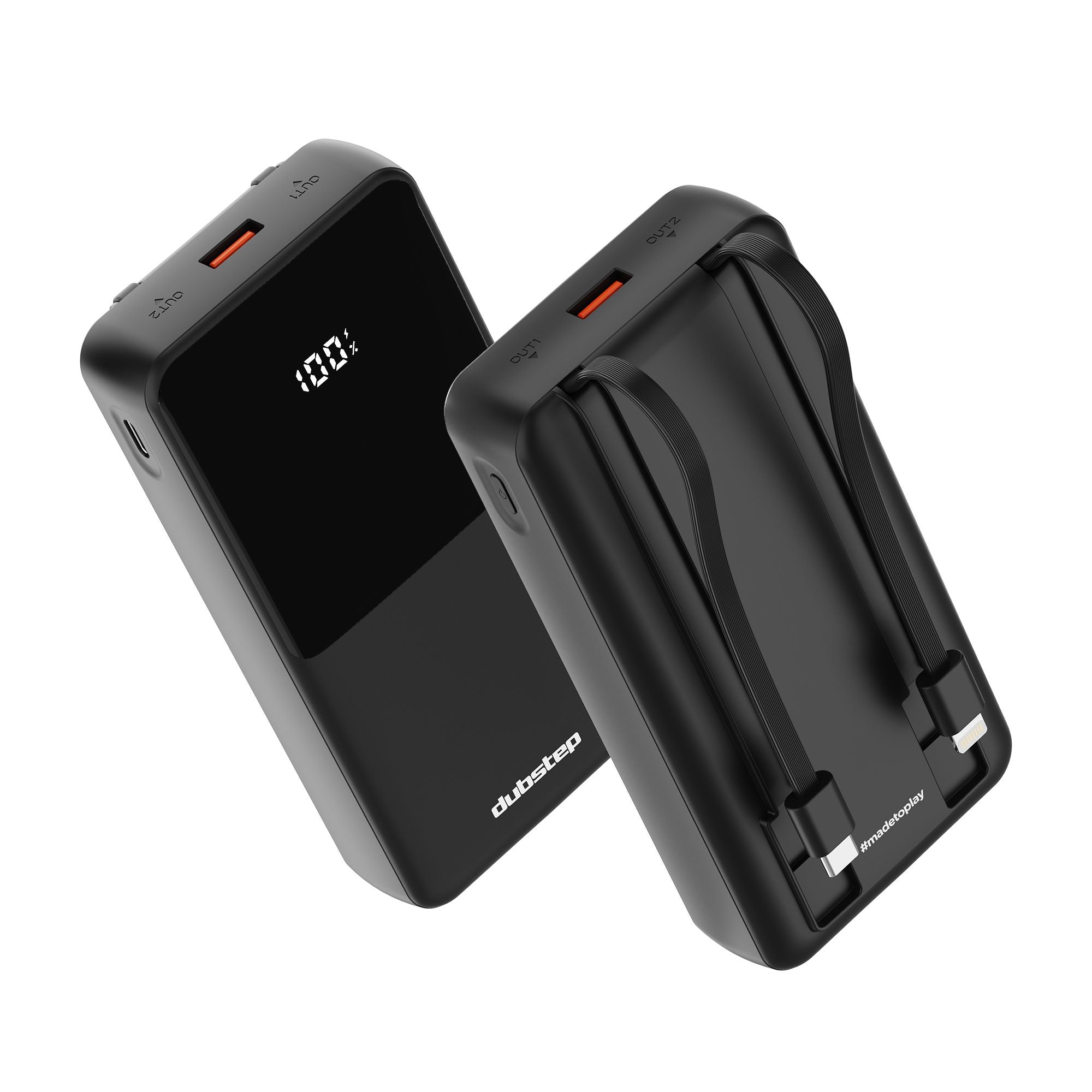 Powerblitz X5 built-in type-C and type-L cables, with both USB-A and t